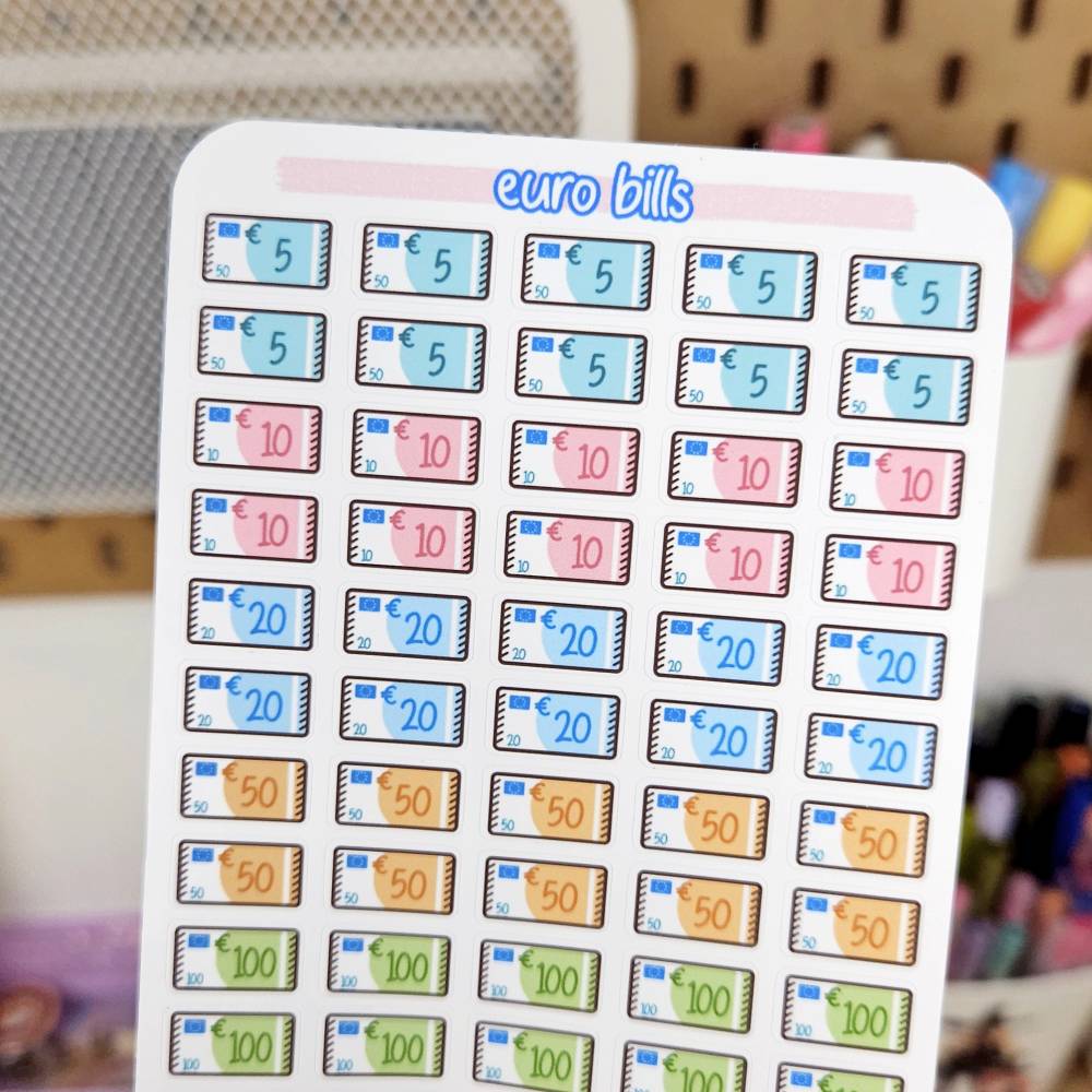 Euroscheine Sticker Sheet. Bunte pastellfarbene