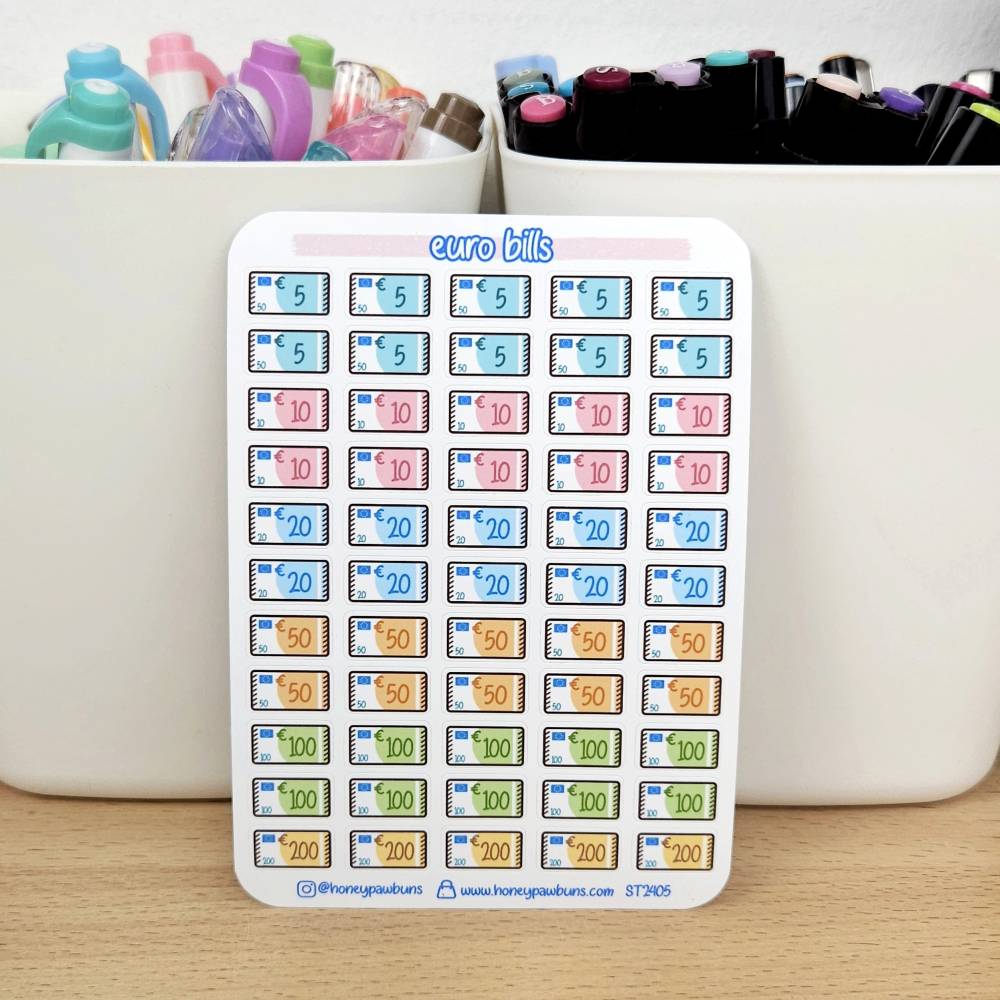Euroscheine Sticker Sheet. Bunte pastellfarbene
