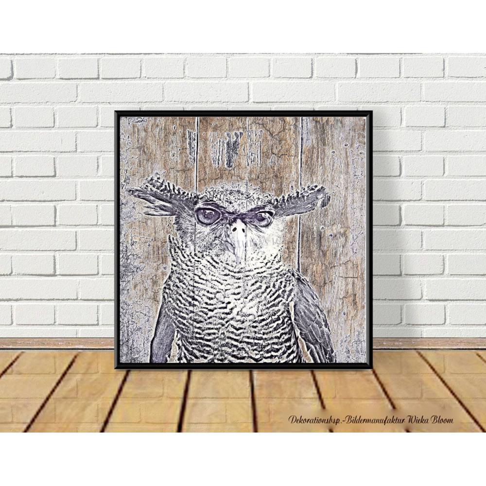 EULE RUSTIKAL Waldtiere Vögel Wandbild auf Holz Leinwandbild