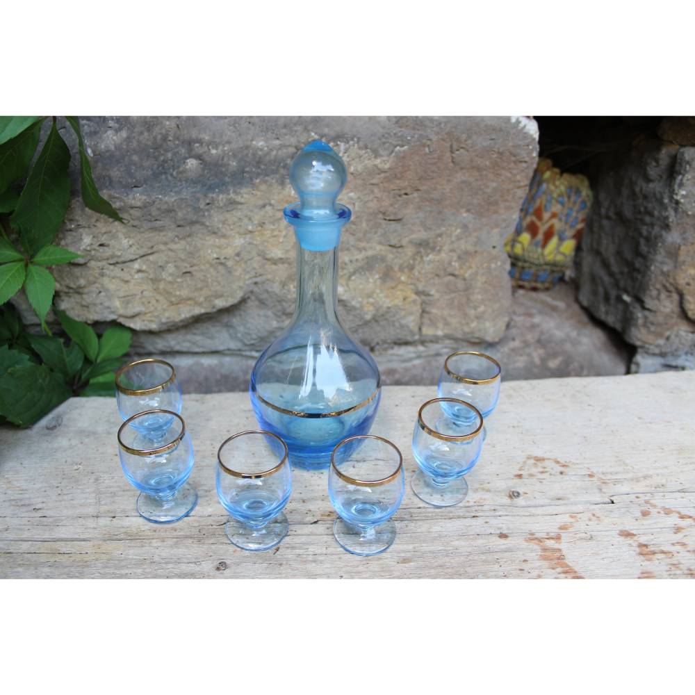 Likör Set Karaffe 6 Gläser blaues Glas Vintage Bohemia Glas 60er 70er ...