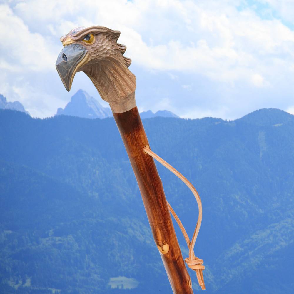 Wanderstock Holz mit geschnitztem Adlerkopf, 98-170 cm,