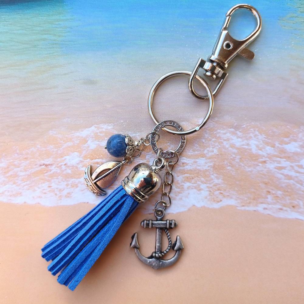 Schlüsselanhänger Meer maritim Anker Segelboot Quaste blau