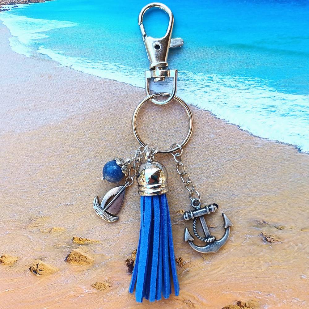 Schlüsselanhänger Meer maritim Anker Segelboot Quaste blau