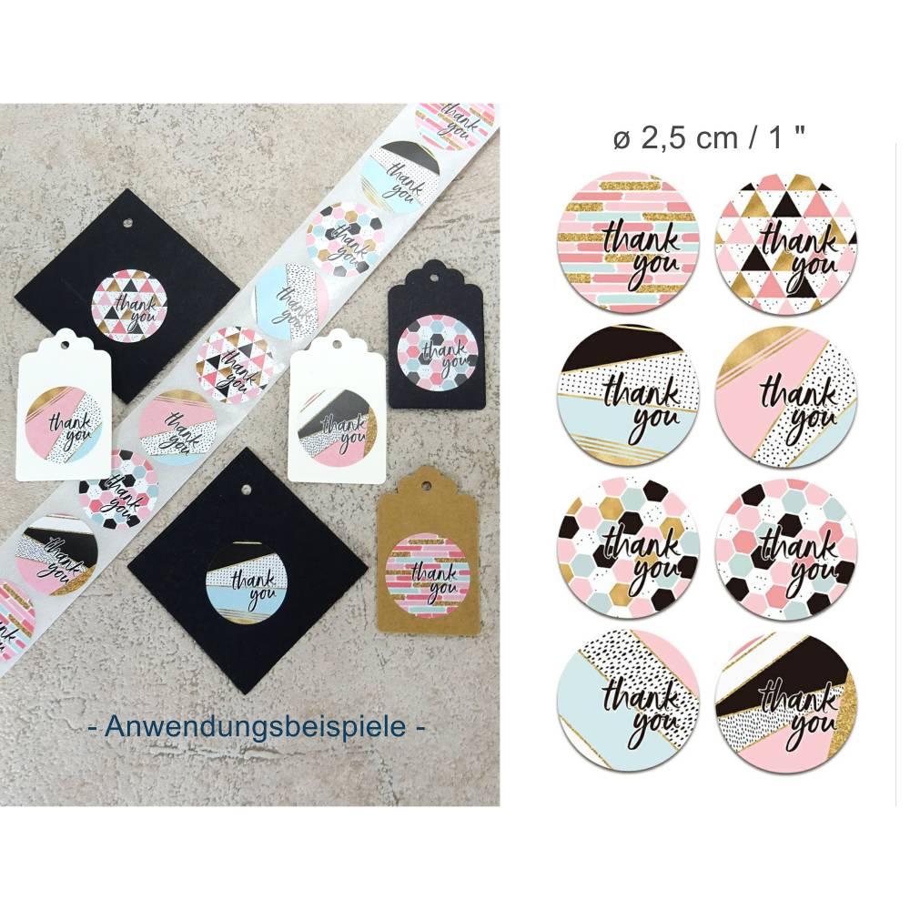 Sticker thank you, DANKE Aufkleber, 25 mm Durchmesser, modern rosa mint ...