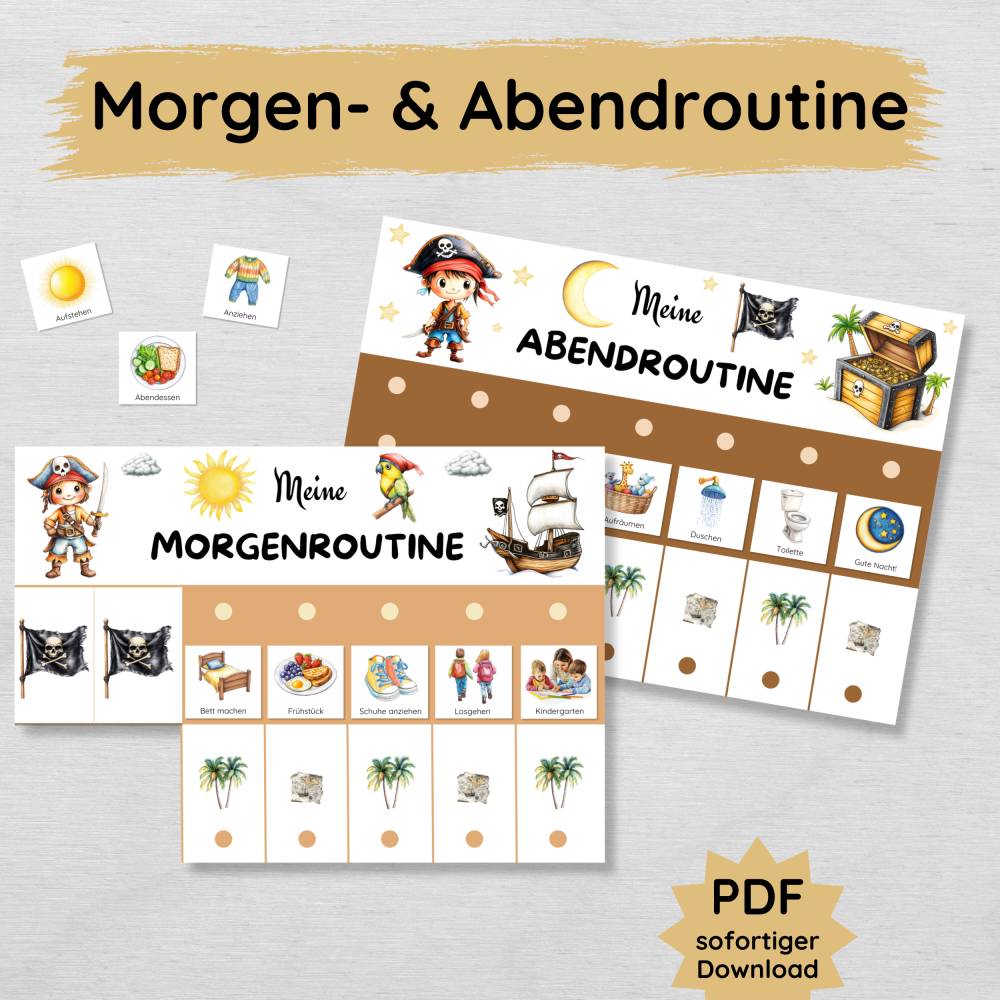 Piraten Morgenroutine und Abendroutine Plan für Kinder, PDF