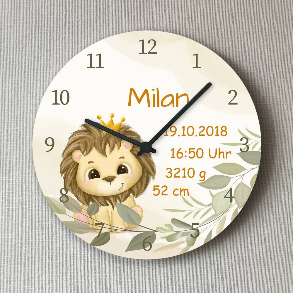Personalisierte Wanduhr Löwe Baby Geburt Taufe Babygeschenk