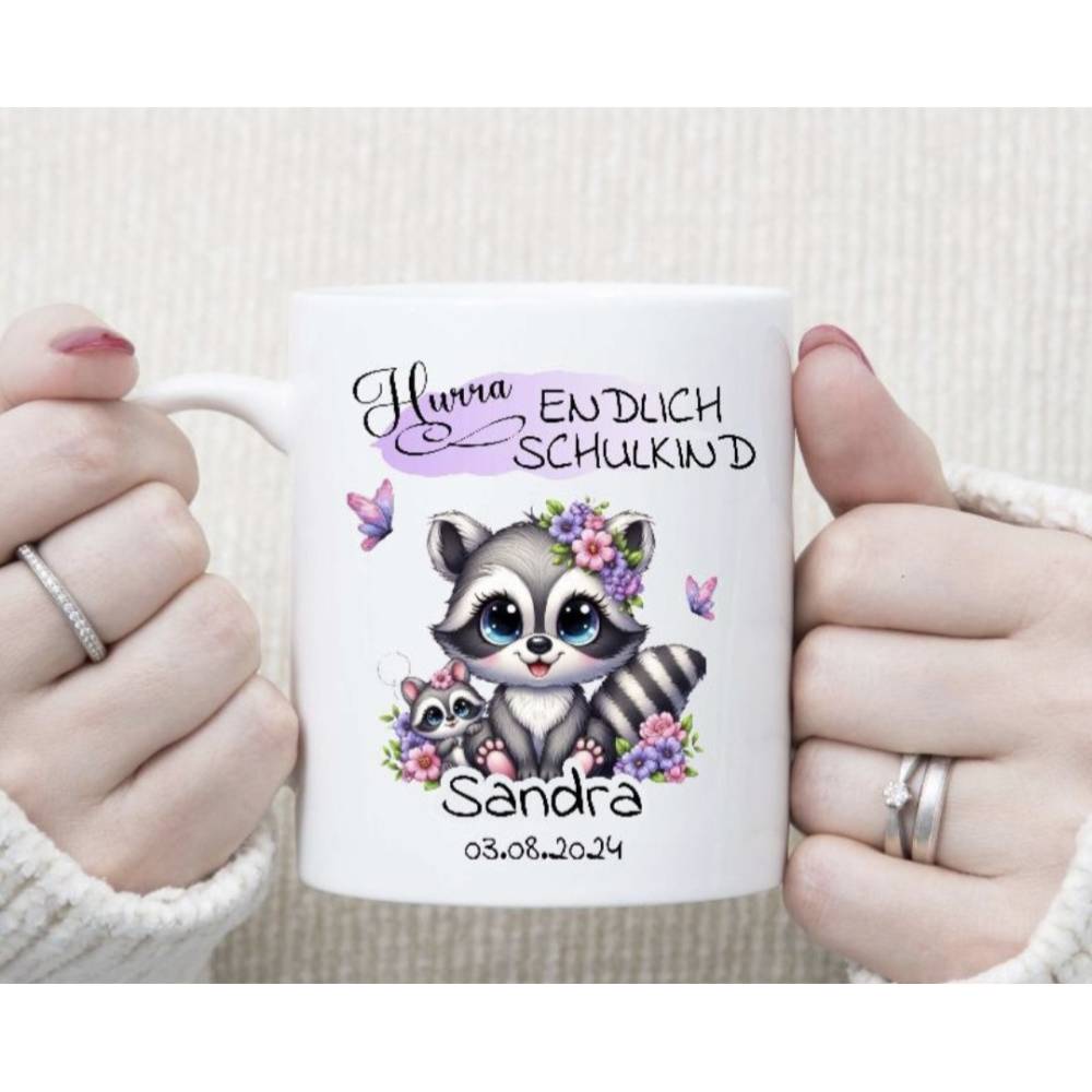 Tasse Schulkind mit Namen Waschbär Mädchen personalisiert