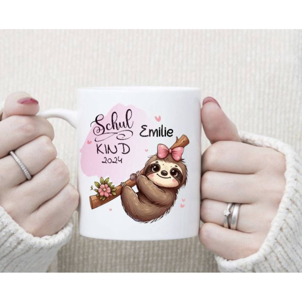 Tasse Schulkind mit Namen Faultier Mädchen personalisiert