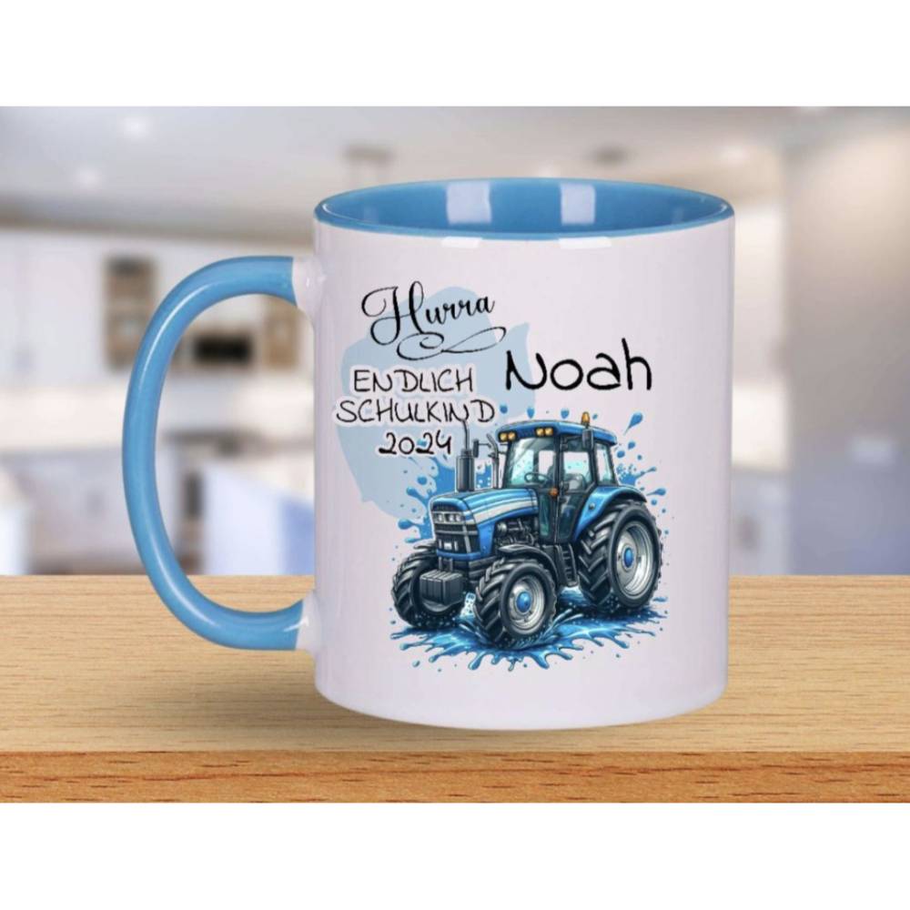 Tasse Schulkind mit Namen Traktor Jungen personalisiert