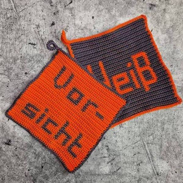 Häkelanleitung Topflappen "Vorsicht Heiß"