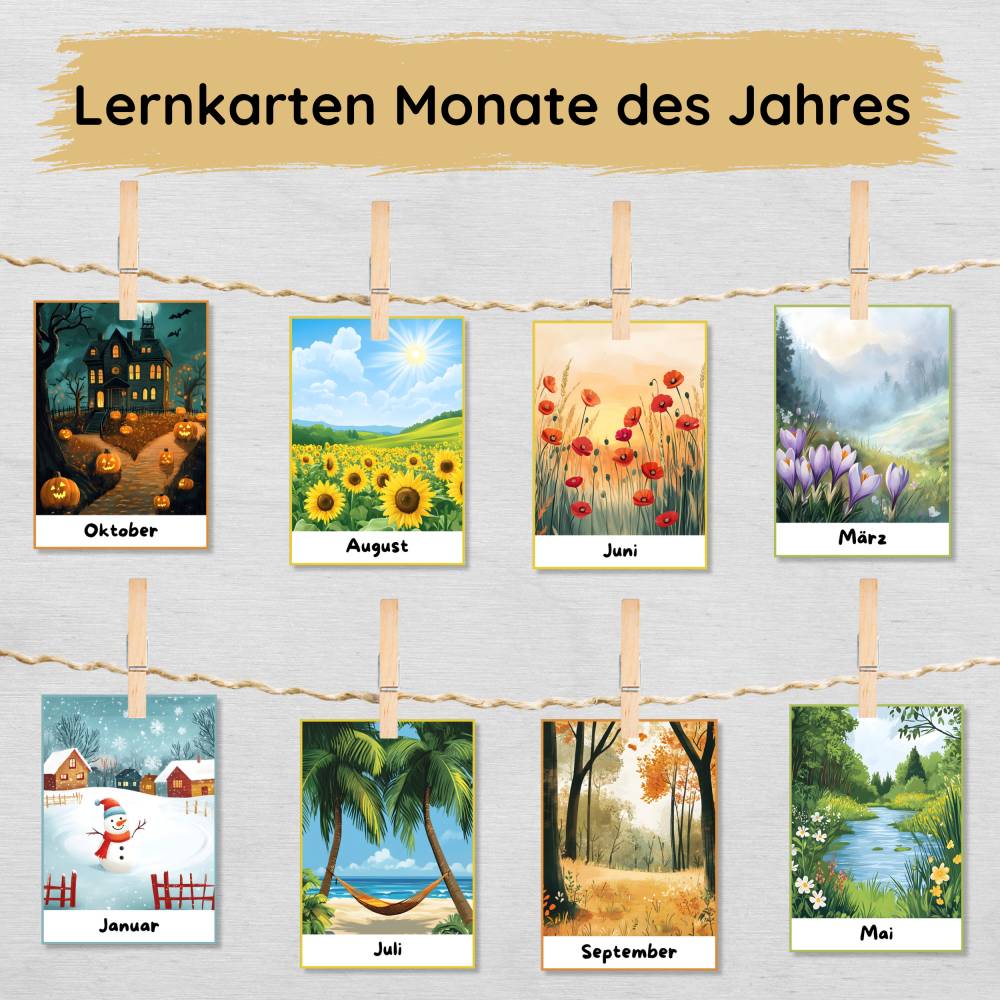Monate des Jahres Lernkarten für Kinder zum Ausdrucken, Monatskarten ...