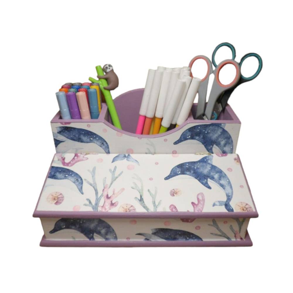 Stiftebox aus Holz mit Delfin für Kinder