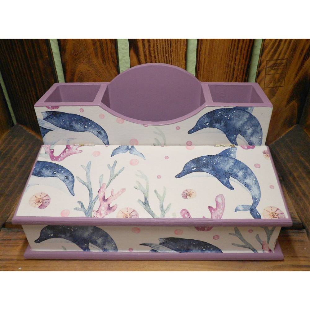 Stiftebox aus Holz mit Delfin für Kinder