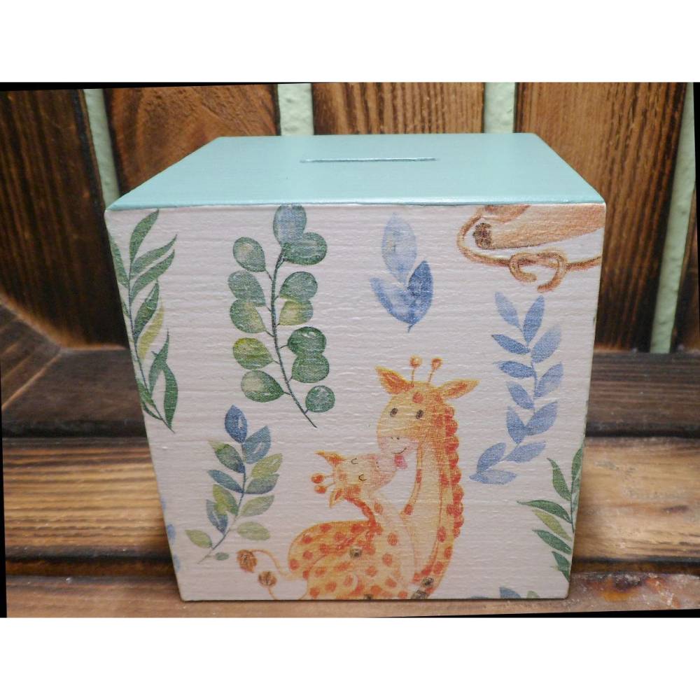 Spardose Würfel aus Holz mit Tieren personalisiert 10 x 10 x 10 cm