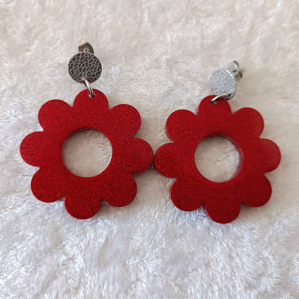 Ohrringe Epoxidharz Blume rot Glitzer