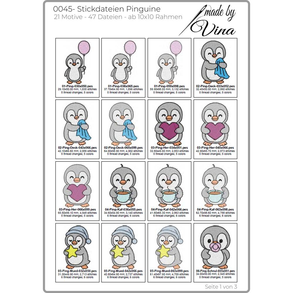 Stickdateien Pinguine inkl. ITH – 21 Motive & 47 Dateien ab 10x10 cm ...