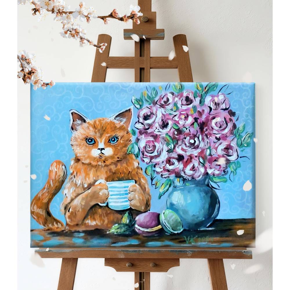 Katze mit Kaffeetasse 30/40cm - Original Acryl Gemälde - Handgemalt auf Leinwand - Naive ...