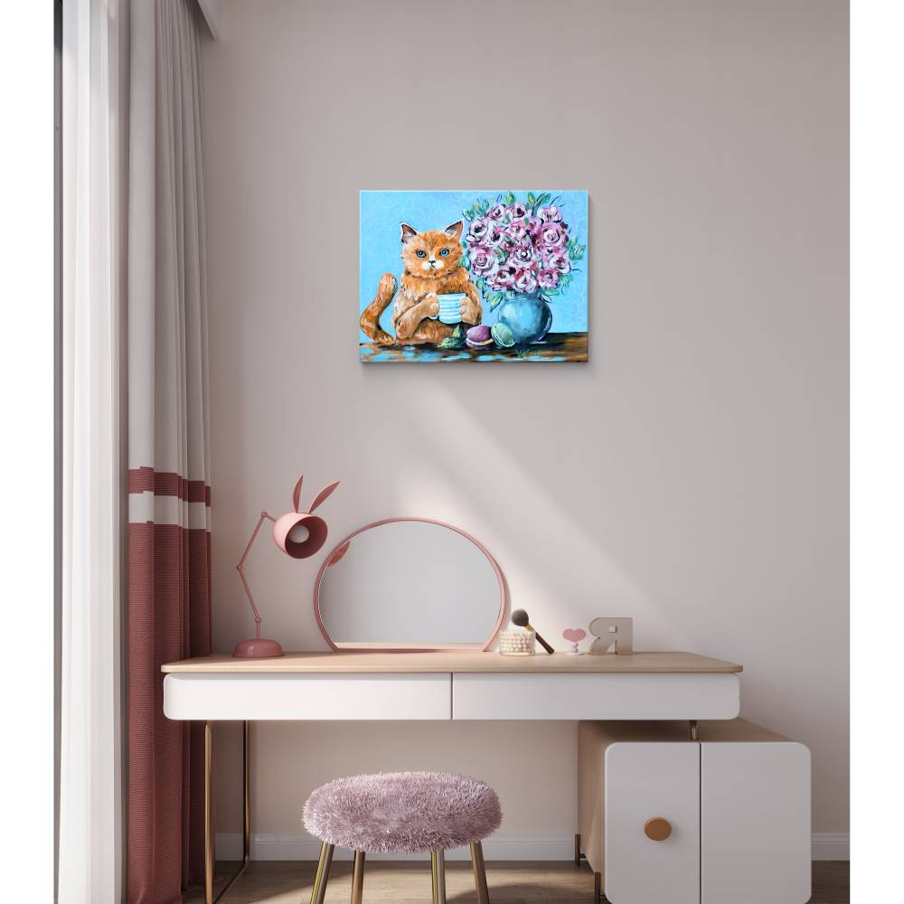 Katze mit Kaffeetasse 30/40cm - Original Acryl Gemälde - Handgemalt auf Leinwand - Naive ...