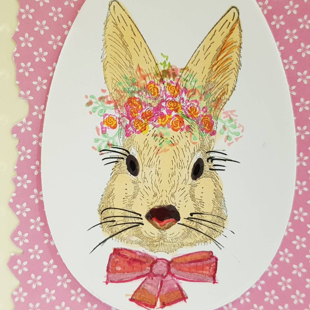 Osterhase mit Blumen-Kranz Oster-Karte handcoloriert Fröhliche