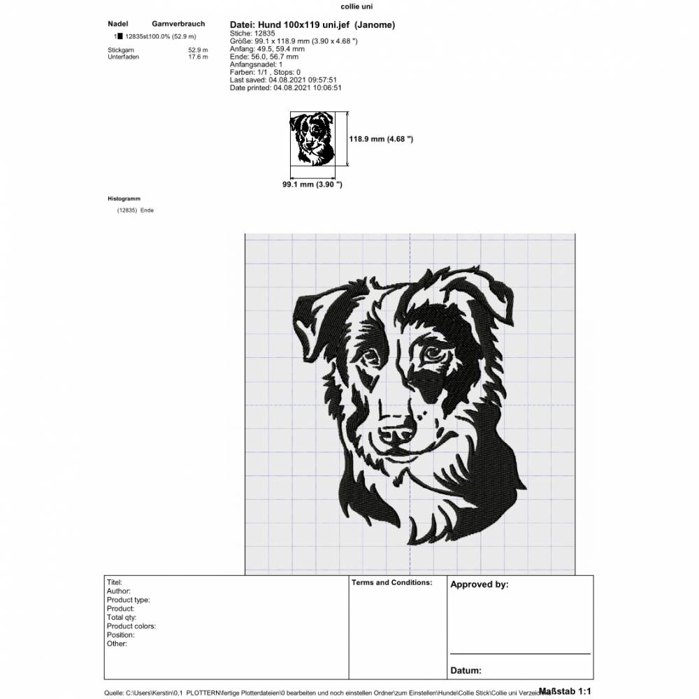Stickdatei Hund Collie in 2 größen