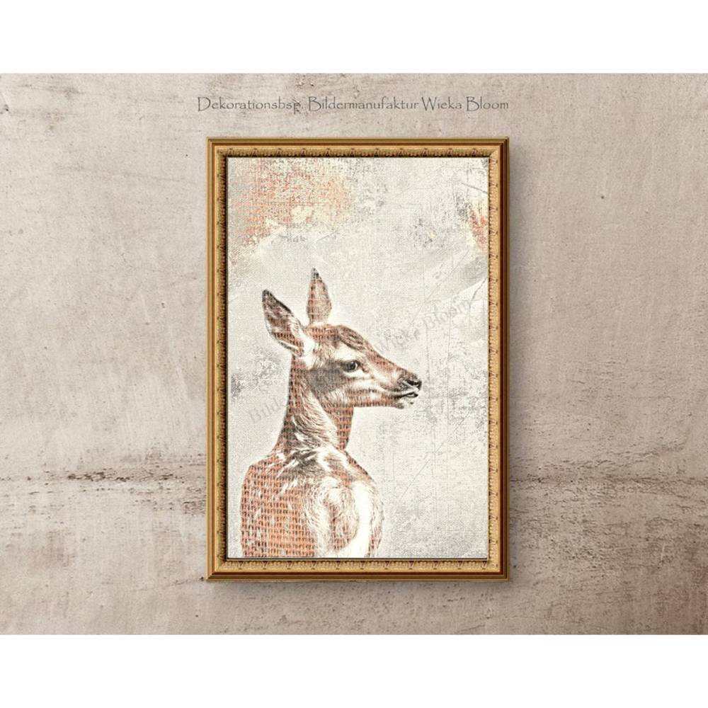 JUTE REH Waldtiere Wanddeko im Landhausstil auf Holz Leinwand