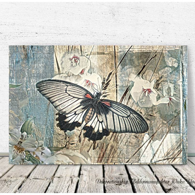PAPILLON VINTAGE STYLE Schmetterling Blüten Wandbild auf Holz