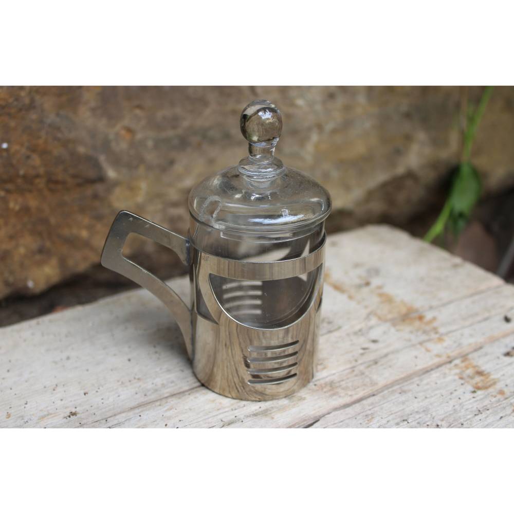 antikes Senfglas Senftopf mit Metallmontur shabby Brocante