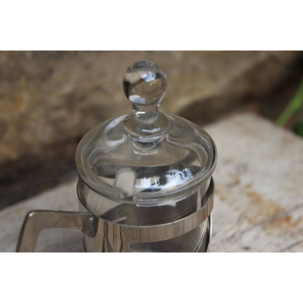 antikes Senfglas Senftopf mit Metallmontur shabby Brocante