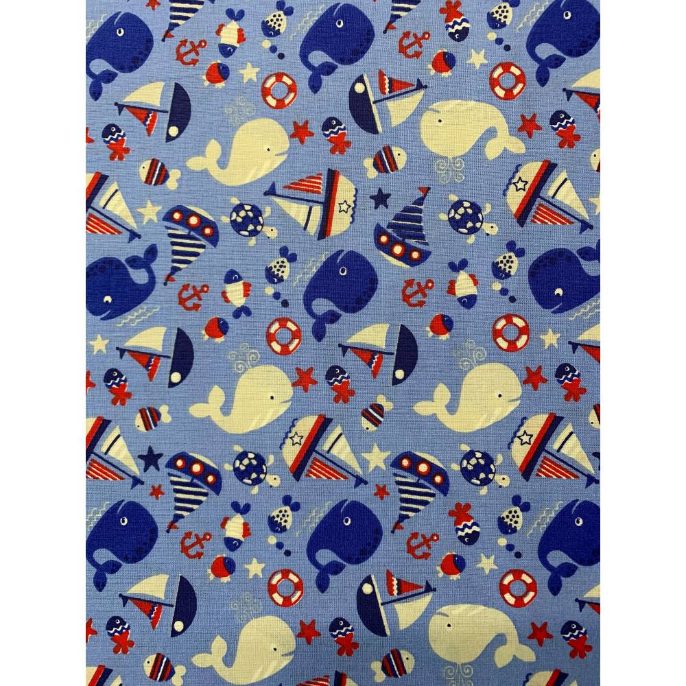 Baumwollstoff/Webware Lars maritim, Schiffe und Wale auf blau