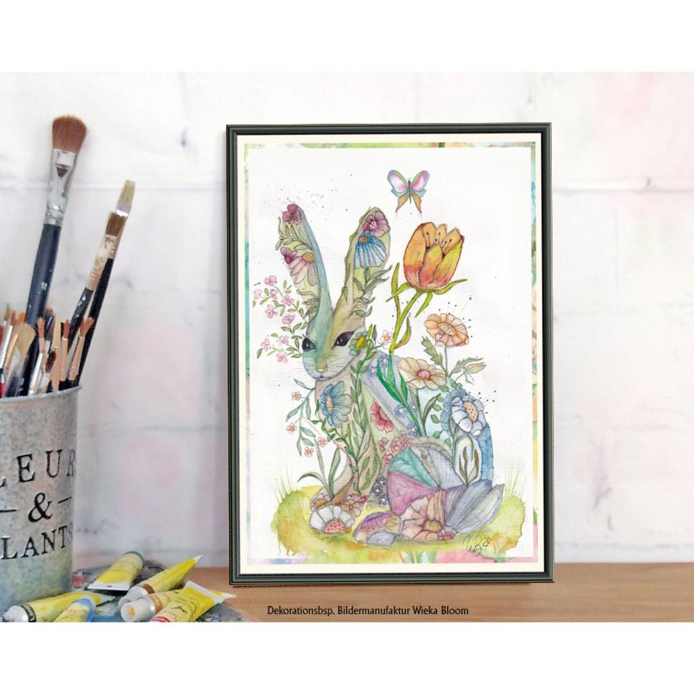BLUMEN-HÄSCHEN Aquarell im Landhausstil auf Holz Leinwand