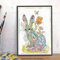 BLUMEN-HÄSCHEN Aquarell im Landhausstil auf Holz Leinwand