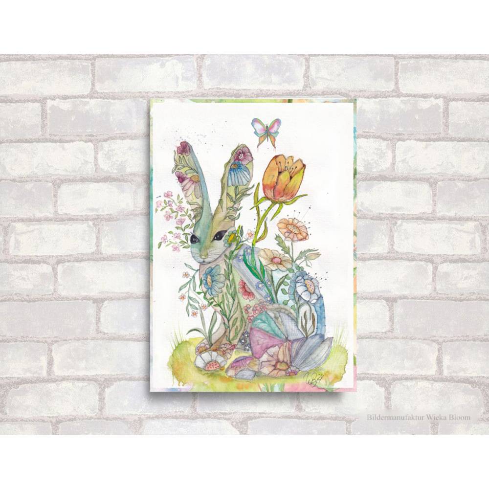 BLUMEN-HÄSCHEN Aquarell im Landhausstil auf Holz Leinwand