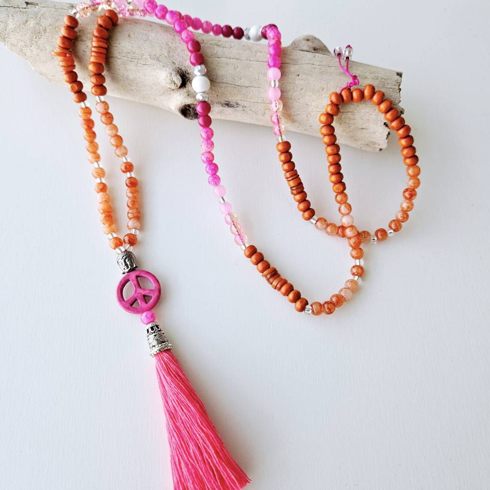 lange Kette pink orange, Perlenkette mit Anhänger, bunte