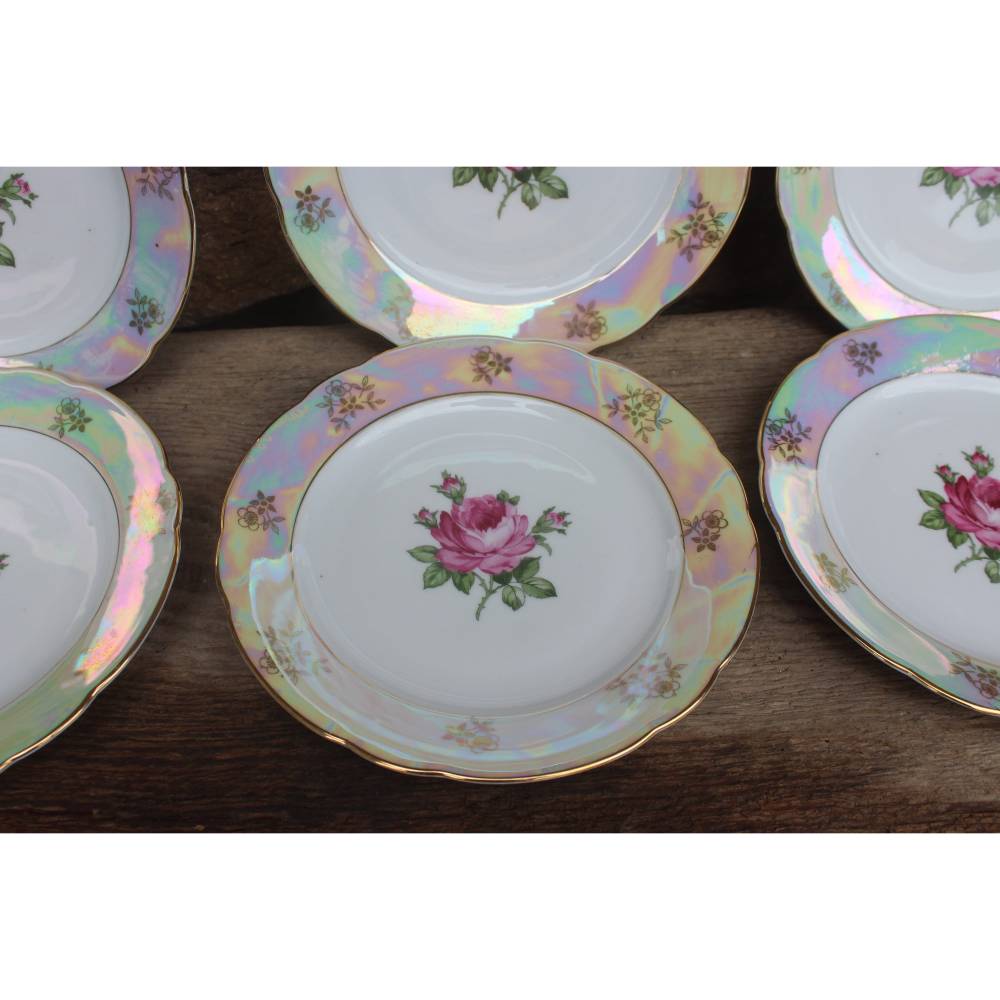 Kuchenteller Dessertteller Set Rosen Goldrand Perlmutt Kahla Porzellan 50er 60er Jahre GDR DDR
